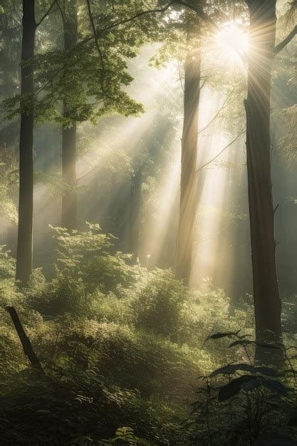 Premium Ai Image Misty Forest With Shafts Of Sunlight Piercing