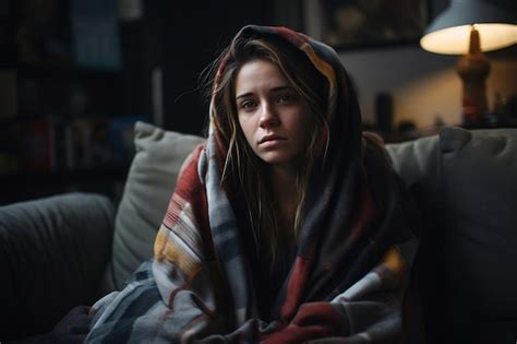 Premium Ai Image Sick Woman Wrapping Himself In A Blanket As He Sits