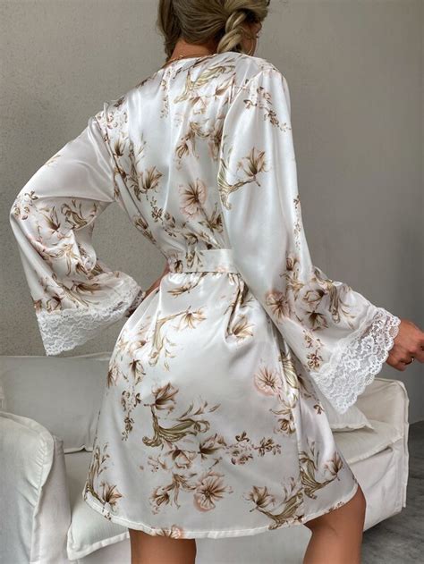 Floral Print Contrast Lace Belted Satin Sleep Robe SHEIN UK
