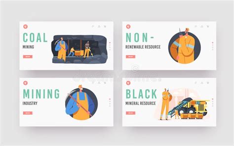 Coal Mining Landing Page Template Set Extraction Industry Workers Characters At Quarry Loading