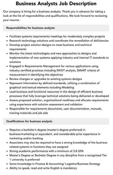 Business Analysts Job Description Velvet Jobs