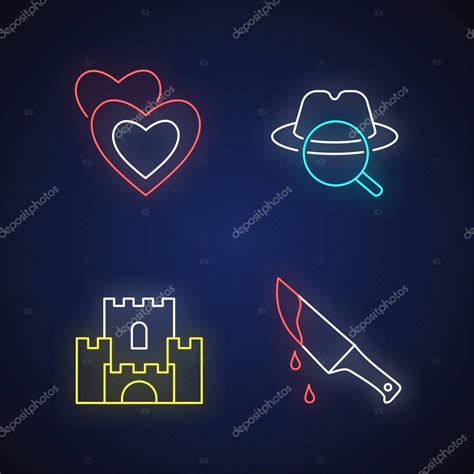Tipos De Película Populares Iconos De Luz De Neón Conjunto Películas