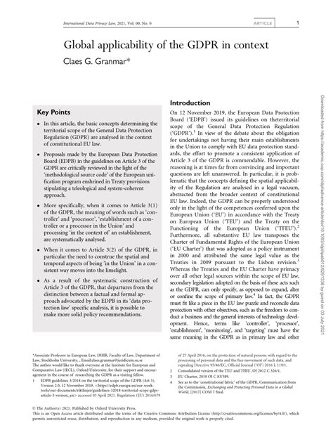 Pdf Global Applicability Of The Gdpr In Context