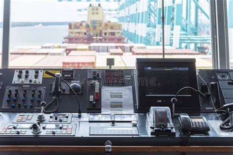 view on the control console of the container ship stock image image
