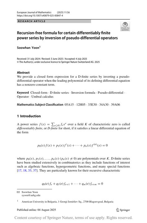 Recursion Free Formula For Certain Differentiably Finite Power Series By Inversion Of Pseudo