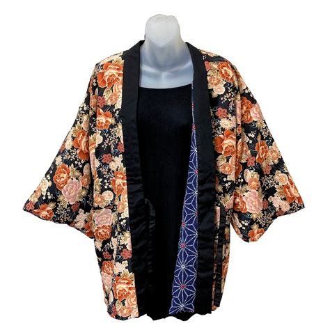 Traditional Japanese Reversible Hanten Coat Floral Print And Blue