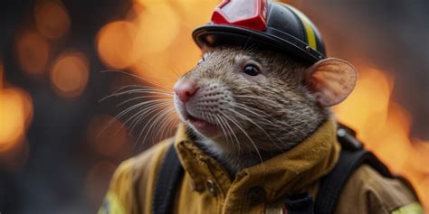 A Determined Rat Wearing A Firefighter S Uniform Courageously Confronts A Raging Fire Showcasing