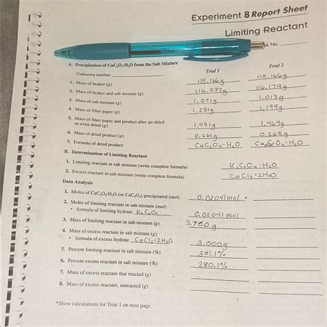 solved experiment 8 ﻿report sheetlimiting reactanta