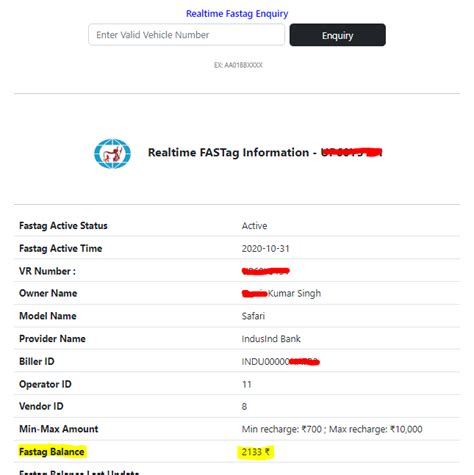 FASTag Balance Check Using Registration Number Vehicle Details Info