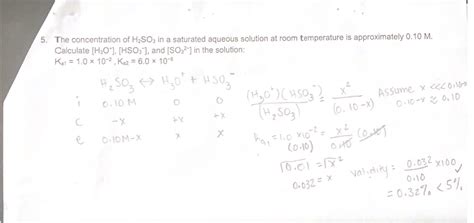 Solved The Concentration Of H2so3 In A Saturated Aqueous