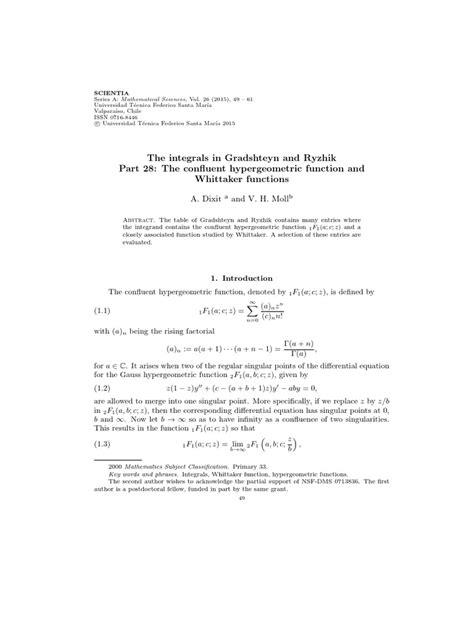 The Confuent Hypergeometric Function And Whittaker Functions Pdf Mathematical Analysis