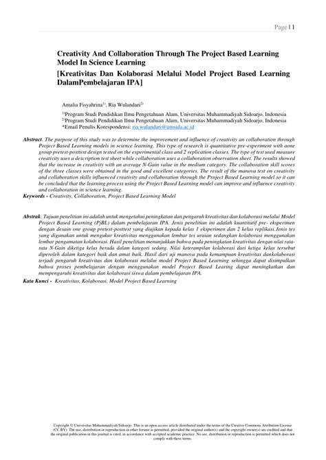 Pdf Creativity And Collaboration Through The Project Based Learning Model In Science Learning