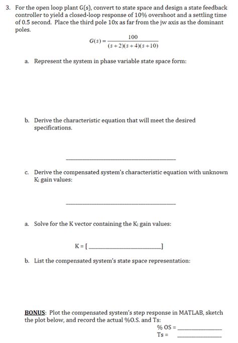 for the open loop plant g s convert to state space