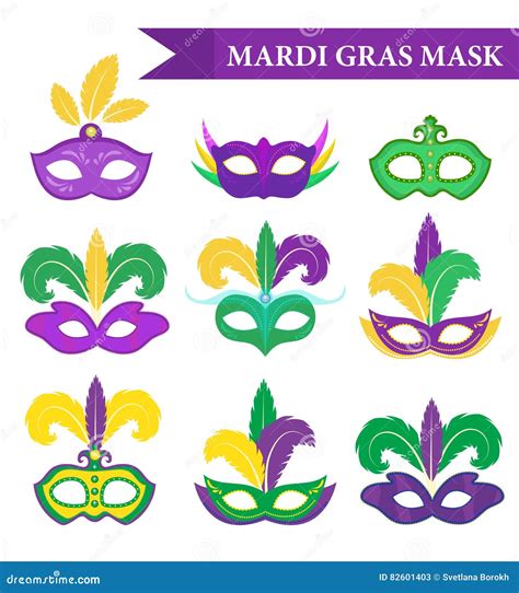Mardi Gras Mask Set Design Element Flat Style Collection Masks With