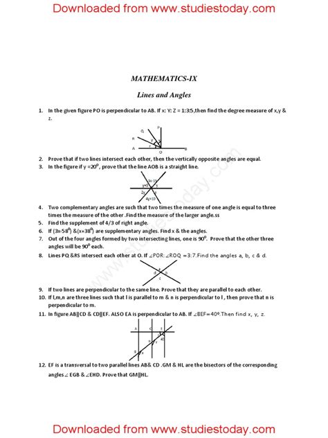 Cbse Class 9 Lines And Angles Assignment 6 Download Free Pdf Triangle Perpendicular