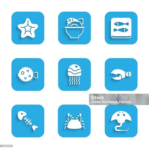 해파리 게 가오리 랍스터 또는 게 발톱 생선 해골 고슴도치 통조림 및 불가사리 아이콘을 설정합니다 벡터 갈고리 발톱에 대한 스톡 벡터 아트 및 기타 이미지 Istock