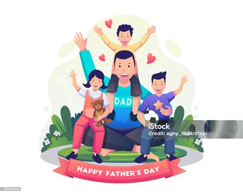 아빠의 무릎에 앉아서 어깨에 앉아있는 아이들과 함께하는 행복한 아버지의 날 개념 아버지와 아이들은 행복하게 손을 들고 함께 즐거운 시간을 보냅니다 평면 스타일 벡터 일러스트