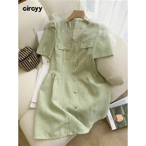 Circyy 여성 여자 브이넥 버튼 반팔 원피스 연한 녹색 스위트 캐주얼 A라인 단색 프렌치 신상 티몬