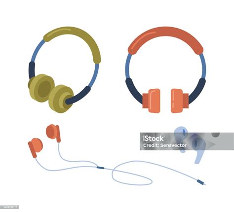 유선 또는 무선이 장착 된 이어폰 팟 캐스트 및 음악을들을 수있는 블루투스 기술 장치 작곡과 노래를위한 헤드폰 플랫 만화 스타일의 벡터 Dj에 대한 스톡 벡터 아트 및 기타