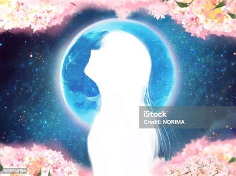 밤에 만개한 벚꽃 봄바람과 푸른 보름달 배경에 펄럭이는 긴 머리를 가진 실루엣의 소녀의 그림 달 표면에 대한 스톡 벡터 아트 및