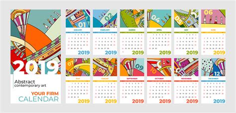 2019 달력 추상 현대 미술 벡터 세트입니다 책상 스크린 데스크탑 월 2019 다채로운 2019 달력 템플릿 의제 패턴 환각