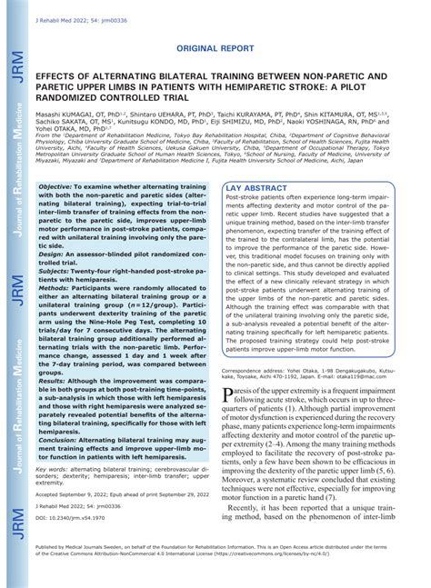Pdf Effects Of Alternating Bilateral Training Between Non Paretic And Paretic Upper Limbs In