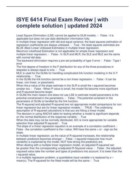 ISYE 6414 Final Exam Review With Complete Solution Updated 2024