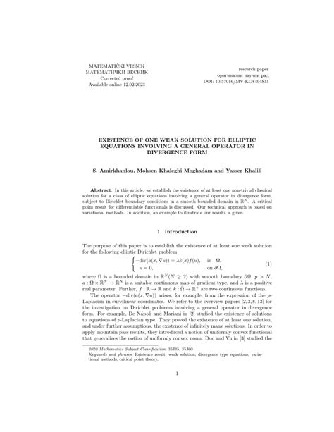 Pdf Existence Of One Weak Solution For Elliptic Equations Involving A