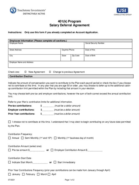 Fillable Online 401 K Program Salary Deferral Agreement Fax Email