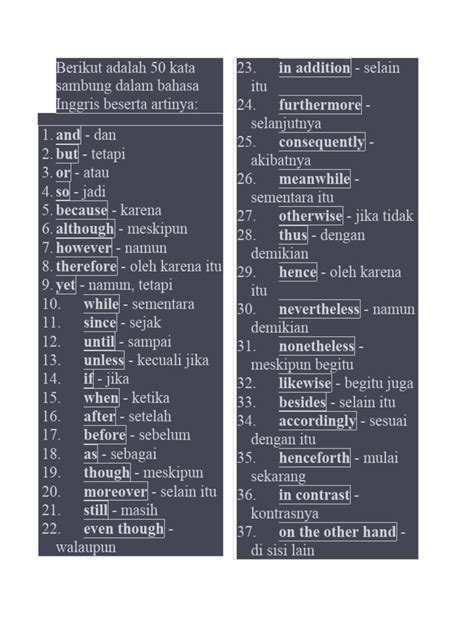 Berikut Adalah 50 Kata Sambung Dalam Bahasa Inggris Beserta Artinya Pdf