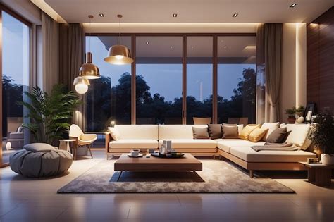 Premium Ai Image Modern House Interior Night Evening Lighting 3d