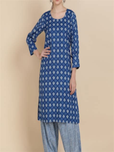 Buy Sangria Women Blue Ethnic Motifs Printed Pure Cotton Kurta With