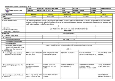 DLL Q W English Dll Annex B To DepEd Order No S DAILY LESSON LOG School LIWA LIWA