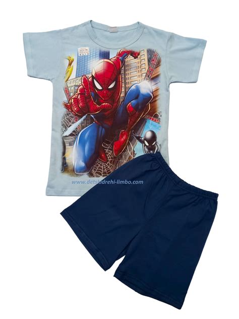 Пижама къс ръкав със Спайдермен122 134смв светлосиньо и тъмносиньо