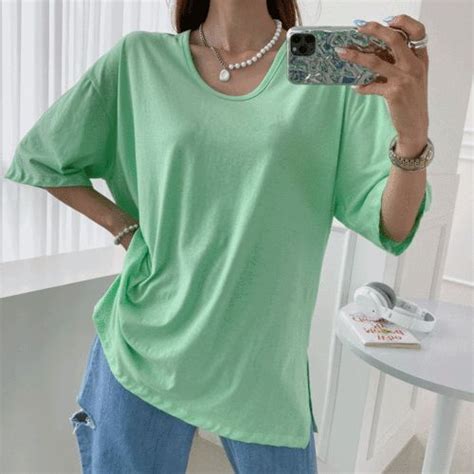 실켓 코튼 루즈핏 유넥 롱 반팔티 패션 반팔 니트