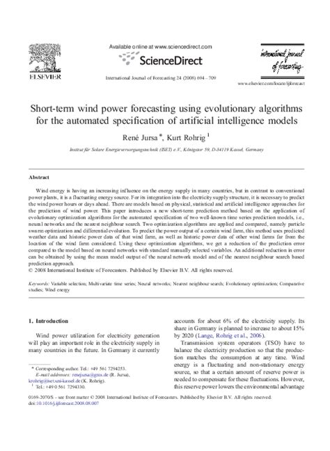 pdf short term wind power forecasting using evolutionary algorithms