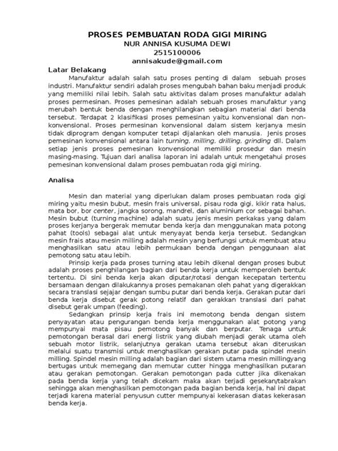 Proses Pembuatan Roda Gigi Miring Pdf