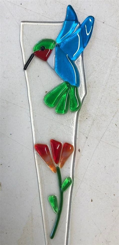 Hummingbird Fused Glass Plant Stake Etsy Glass Fusing Projects