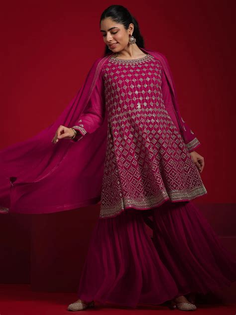 Buy Libas Art Pink Embroidered Georgette A Line Sharara Suit Set With Dupatta Online At Rs1999