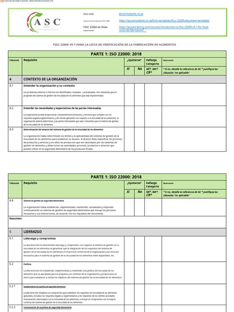 Fssc 22000 V5 1 For Food Manufacturing Checklist En Es Pdf