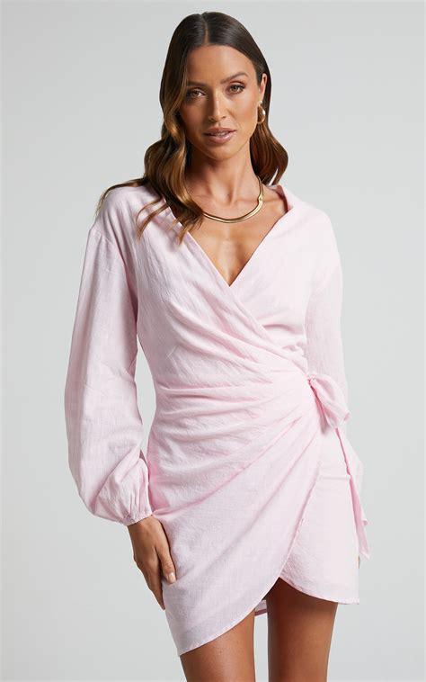 Marify Mini Dress Long Sleeve Wrap Dress In Ice Pink Showpo