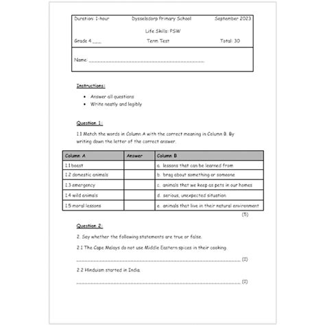 Life Skills Psw Term Test Term Teacha