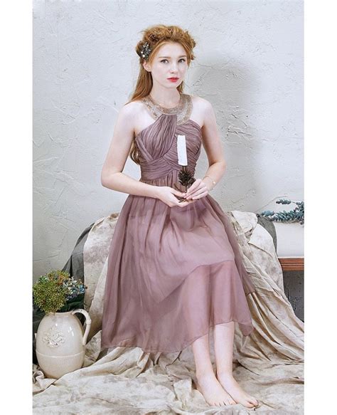 Stylish A Line Halter Knee Length Chiffon Bridesmaid Dress With Ruffles