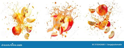 Set Of Apples Exploding And Bursting Into Pieces With Juice Splatters