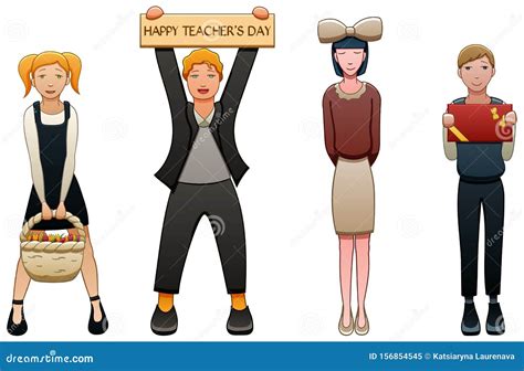 Four Pupils Of Different Sex And Pose Stock Illustration Illustration Of Blossom Banner