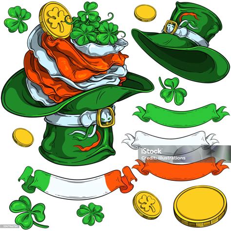 동전 클로버 아일랜드 국기와 화려한 리본 벡터 일러스트 세트와 레프 러 프 룬 모자 디저트 웹 및 그래픽 디자인 메뉴 커버 0명에 대한 스톡 벡터 아트 및 기타 이미지