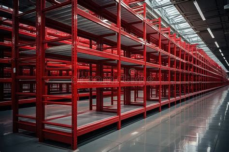 Empty Rack Shelf In Mega Storehouse Logistic Concept Stock