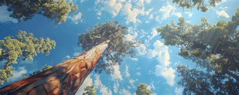 Tall Sequoia Trees Under A Clear Blue Sky Upward View Nature And
