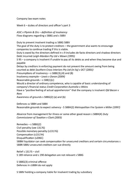 Company Law Exam Notes Company Law Exam Notes Week 6 Duties Of Directors And Officers Part