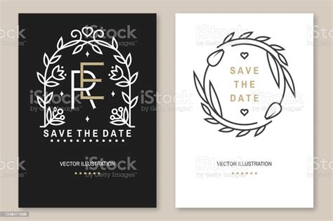 결혼식 초대장 카드 템플릿입니다 벡터 가는 선 기하학적 배지입니다 날짜 초대 카드 디자인을 저장하기 위한 윤곽선 아이콘입니다